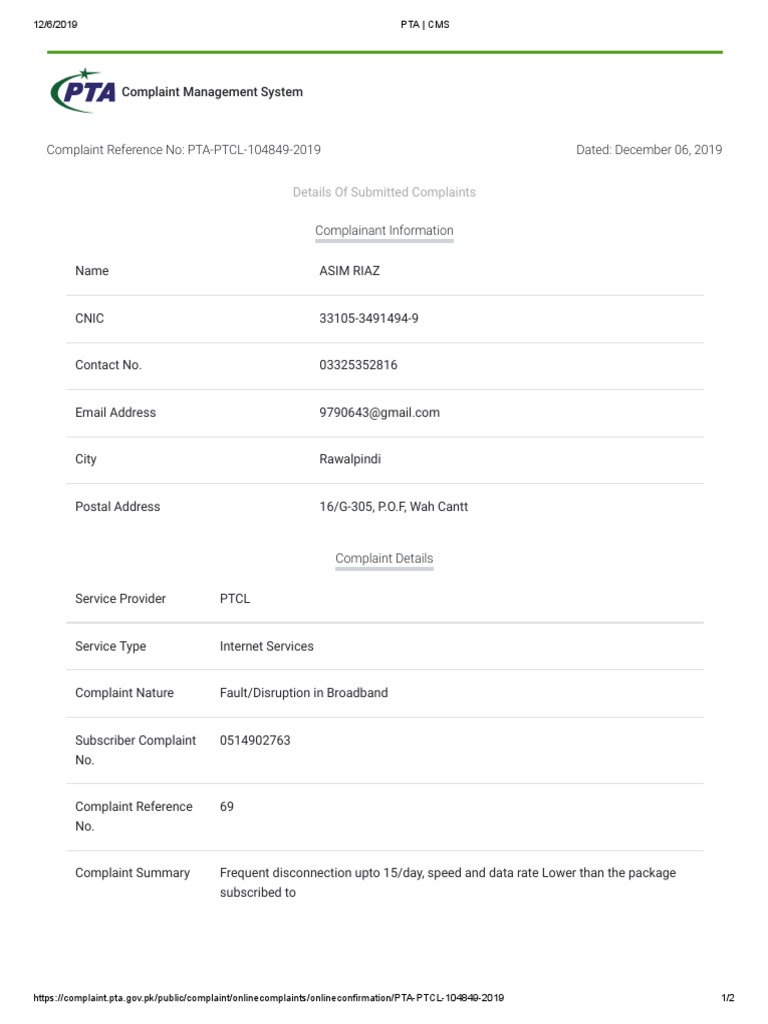 PTA Complaint Summary for PTCL Service | PDF | Law
