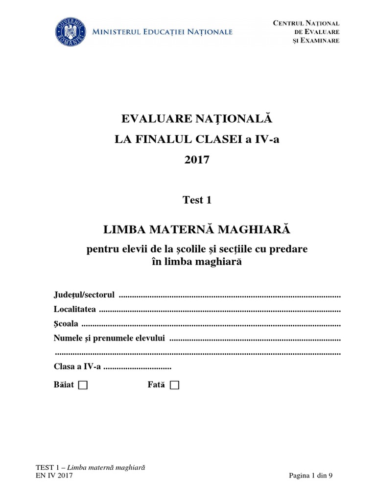 EN IV 2017 Limba Materna Maghiara Test 1 PDF | PDF