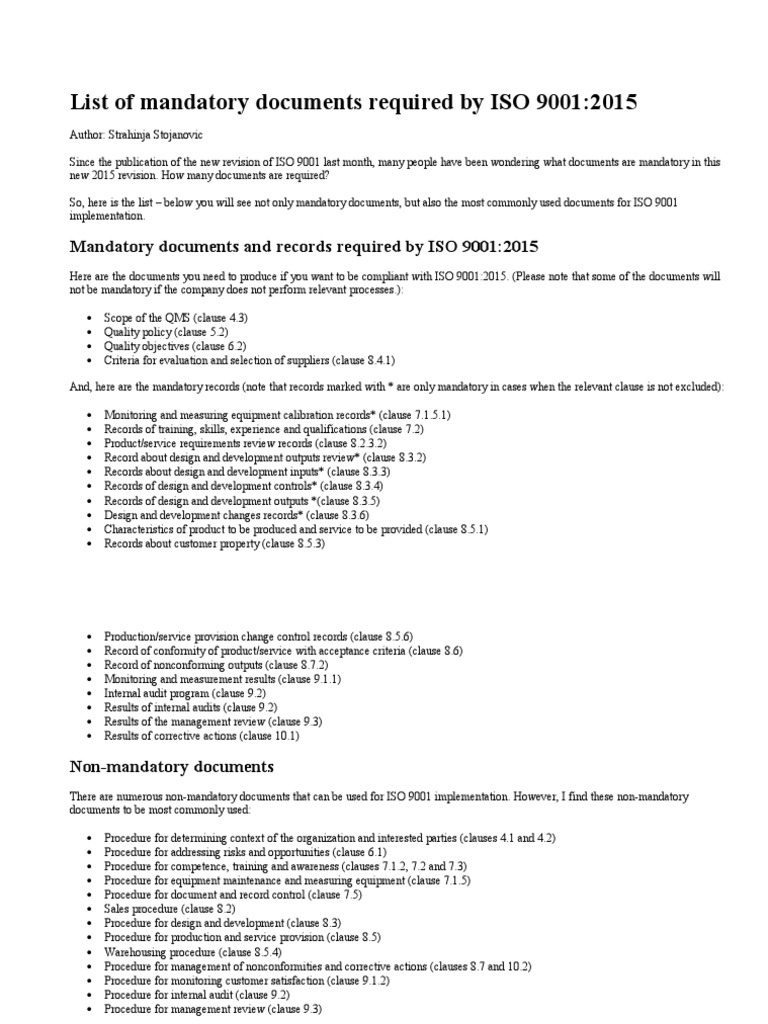 List of Mandatory Documents Required by ISO 9001 | PDF | Iso 9000 ...