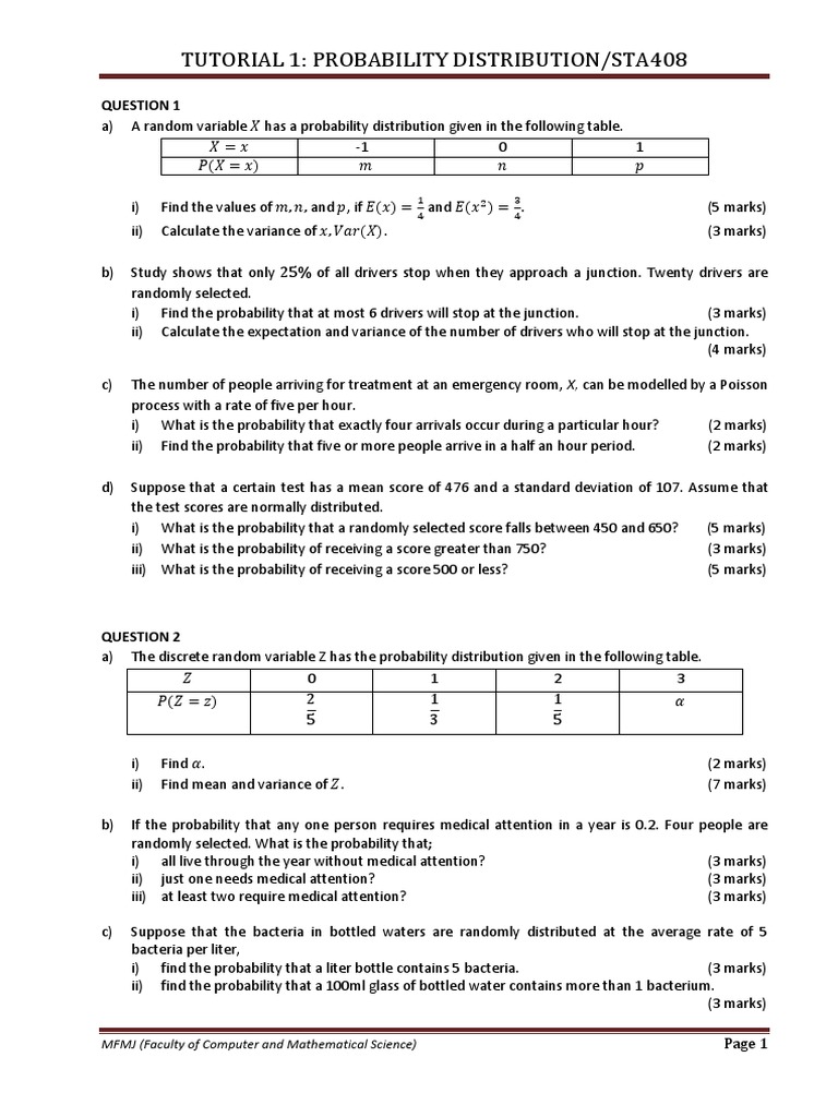 Tutorial 1 - Question | PDF | Variance | Mean
