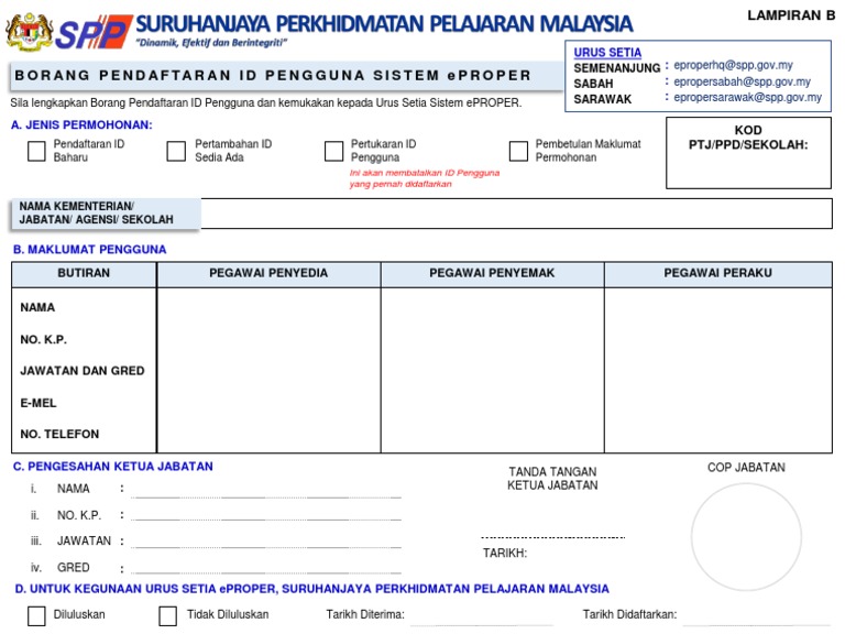 LAMPIRAN B Borang Pendaftaran ID Pengguna Sistem ePROPER PDF | PDF