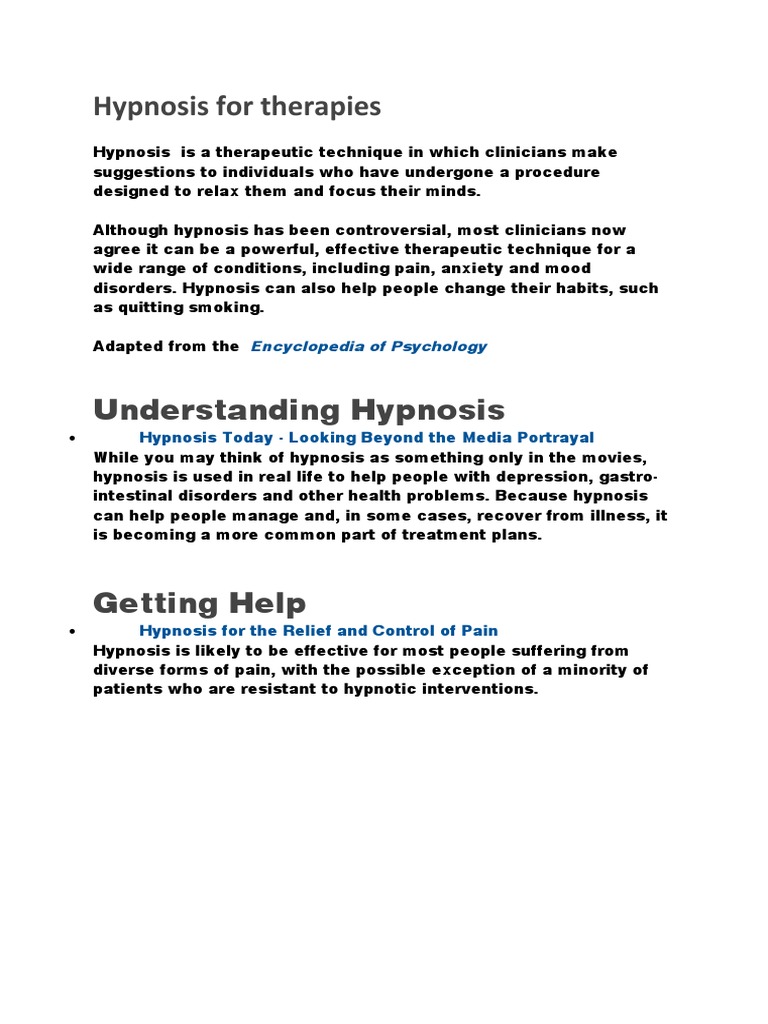 Hypnosis: Therapeutic Benefits | PDF | Hypnosis | Mental Disorder