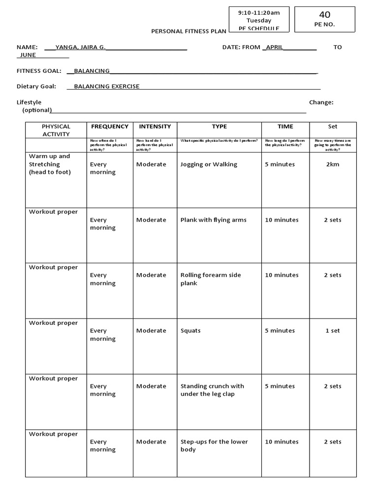 PERSONAL FITNESS PLAN Jai | PDF | Physical Fitness | Physical Exercise