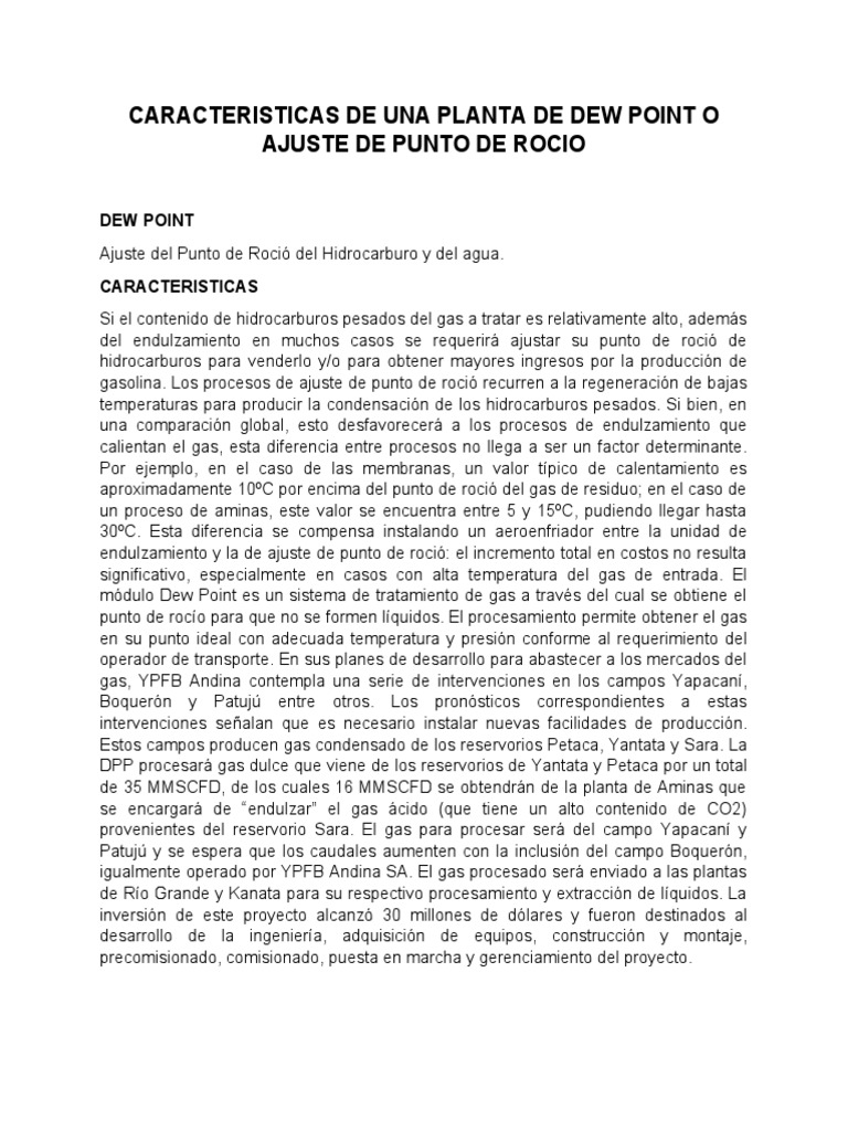 Caracteristicas de Una Planta de Dew Point o Ajuste de Punto de Rocio ...