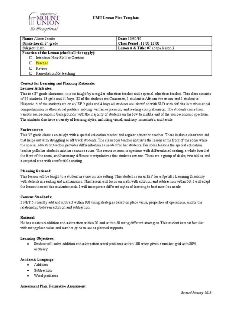 Preclinical Ed Tpa Lesson Plan 3 | PDF | Educational Assessment | Classroom