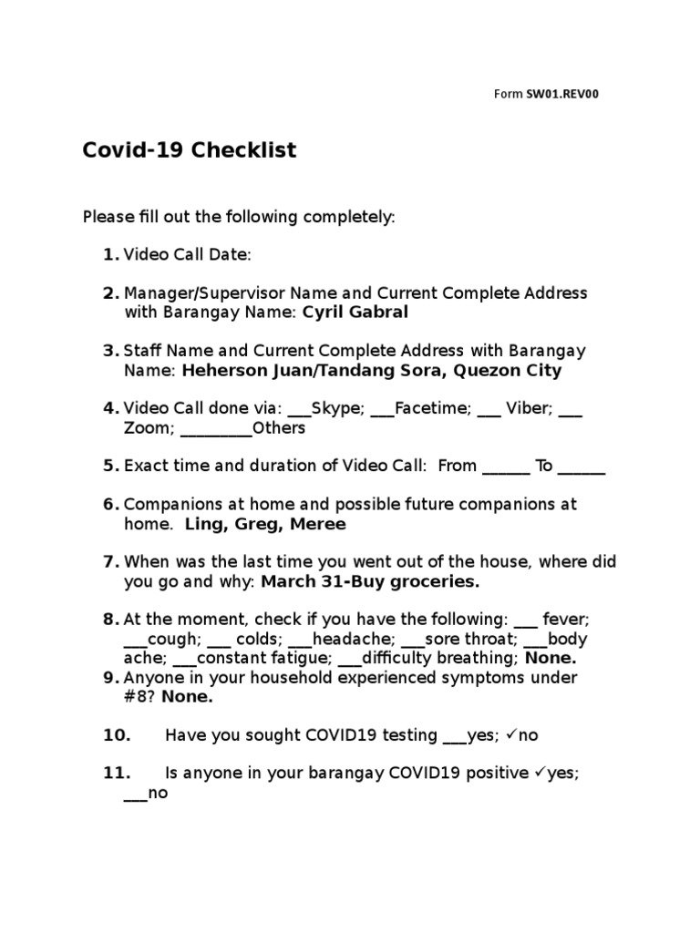 Covid-19 Checklist: Form SW01.REV00 | PDF