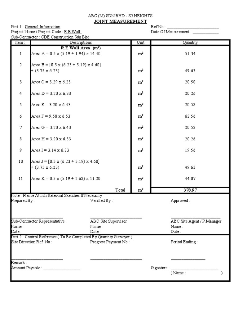 RS Wall Area Joint Measurement Sheet | PDF | Business