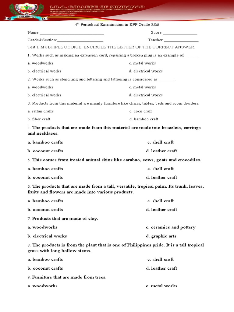 4th Periodical Examination in EPP Grade 5 | PDF | Woodworking | Coconut
