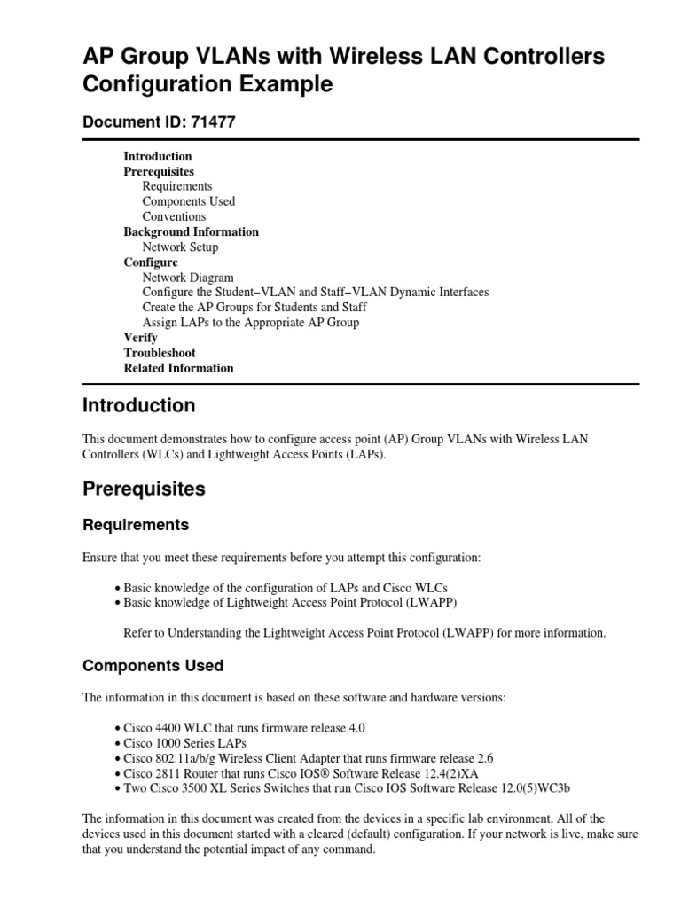 Ap Group Vlans With Wireless Lan Controllers Configuration Example | PDF | Wireless Lan | Ip Address