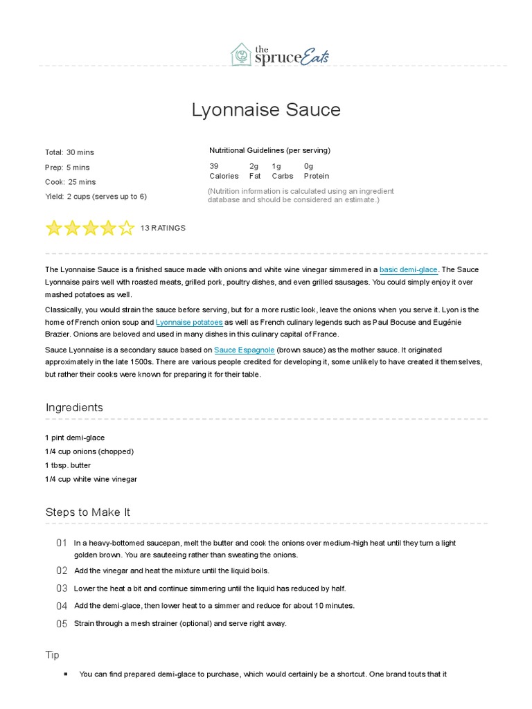 Lyonnaise White Wine Onion Sauce Recipe | PDF | Sauce | Onion