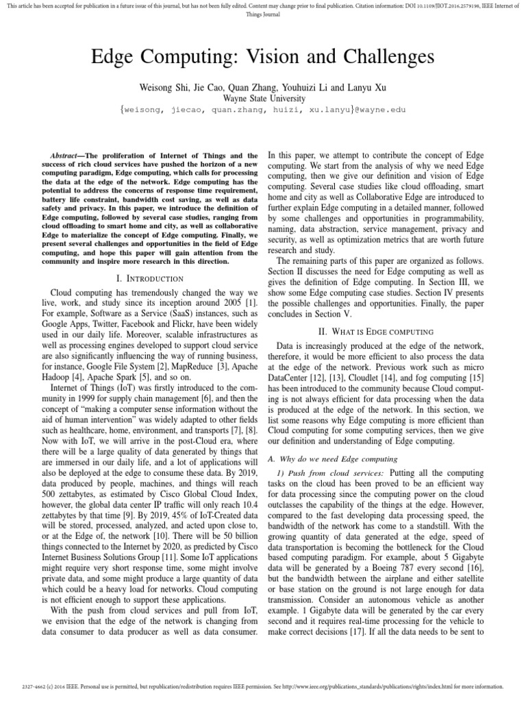 Edge Computing: Vision and Challenges: Weisong Shi, Jie Cao, Quan Zhang, Youhuizi Li and Lanyu ...