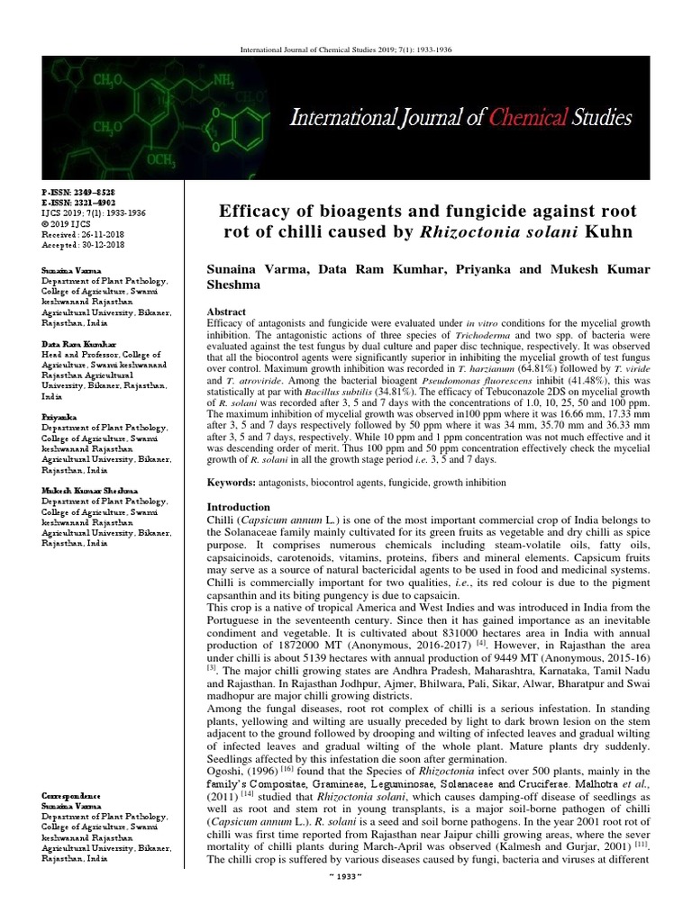 Efficacy of Bioagents and Fungicide Against Root Rot of Chilli Caused by Rhizoctonia Solani Kuhn ...