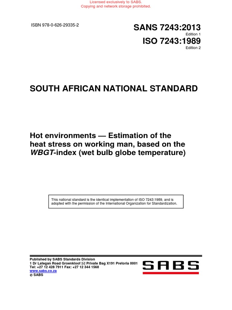 SANS 7243:2013 ISO 7243:1989: Hot Environments - Estimation of The Heat ...