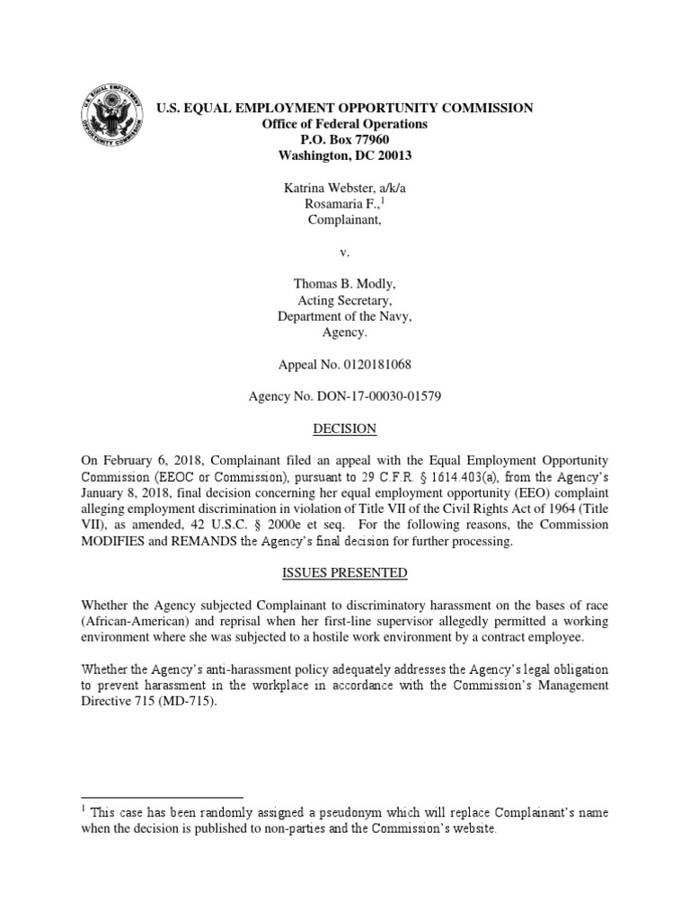 EEOC Appeal Decision: Webster v. Navy | PDF | Sexual Harassment | Equal ...