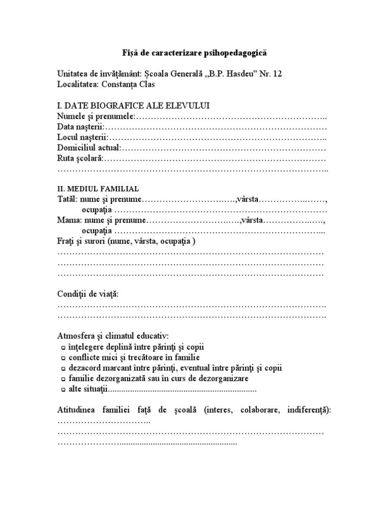 10.fisa de Caracterizare Psihopedagogica Elev | PDF