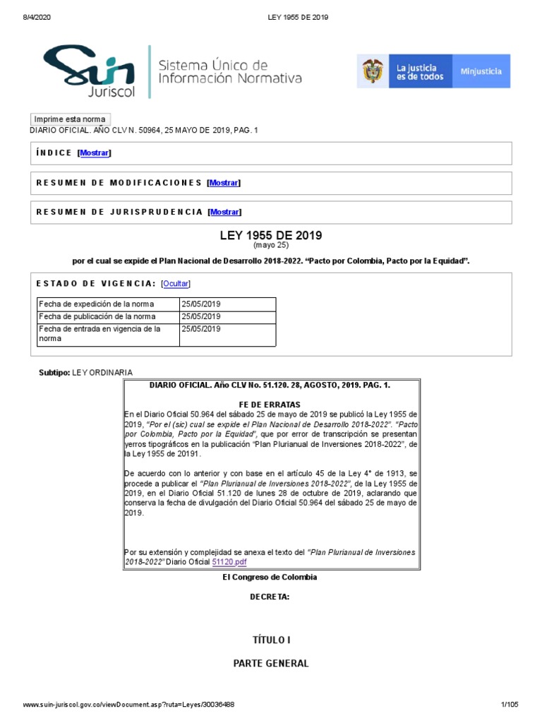 LEY 1955 DE 2019 Art 194 MNC | PDF | Colombia | Sustentabilidad