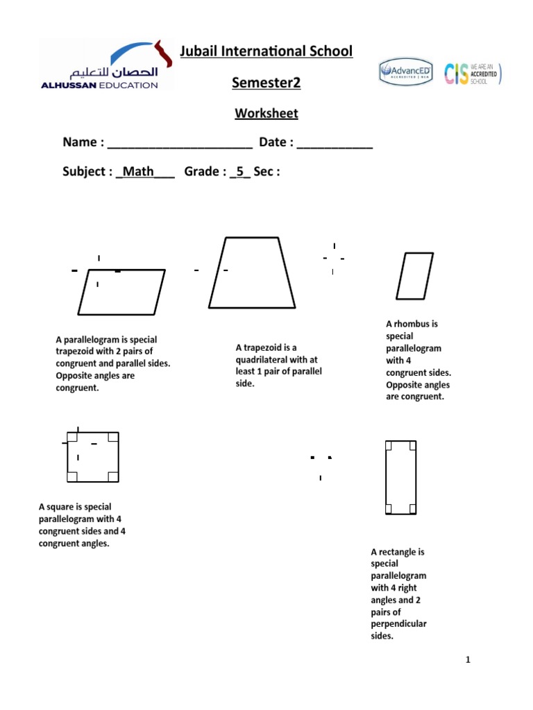 Grade 5 - Worksheet 3 Quadrilaterals | PDF | Rectangle | Classical Geometry