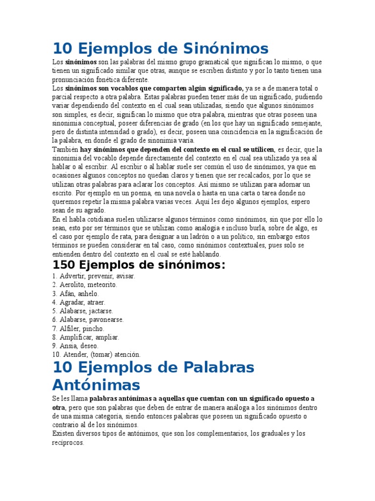 10 Ejemplos de Sinónimos | PDF | Palabra | Lingüística