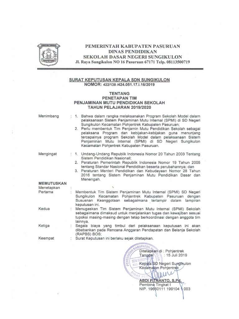 Contoh SK TIM MUTU PMP 2019 | PDF