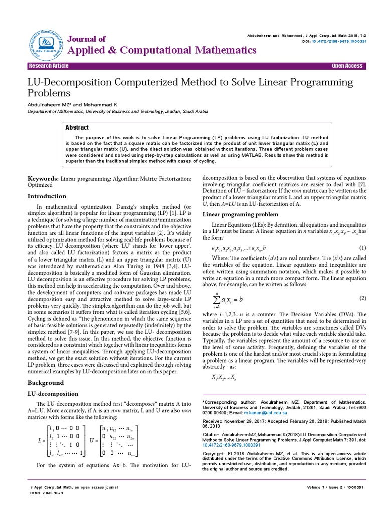 Ludecomposition Computerized Method To Solve Linear Programming ... Ludecomposition Computerized Method To Solve Linear Programming ...