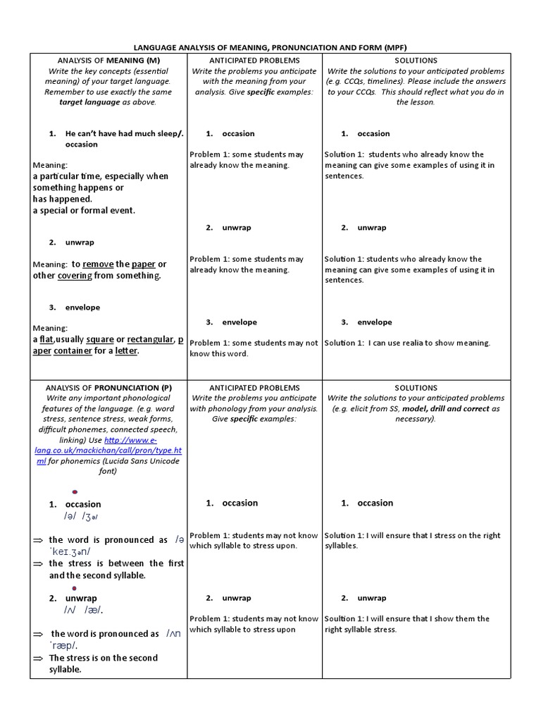 Target Language As Above.: Language Analysis of Meaning, Pronunciation ...