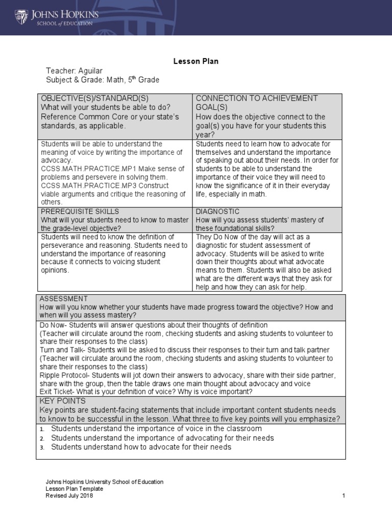 Lesson Plan: Johns Hopkins University School of Education Lesson Plan ...