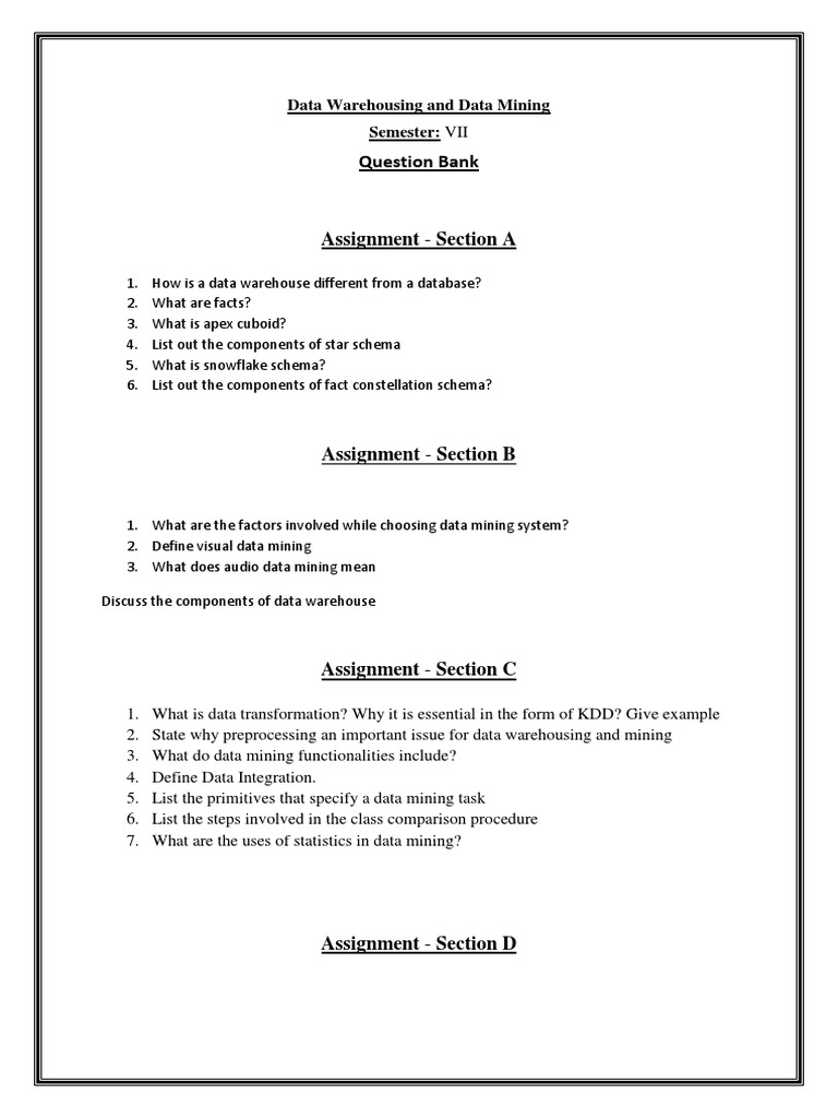 Question Bank: Data Warehousing and Data Mining Semester: VII | PDF ...