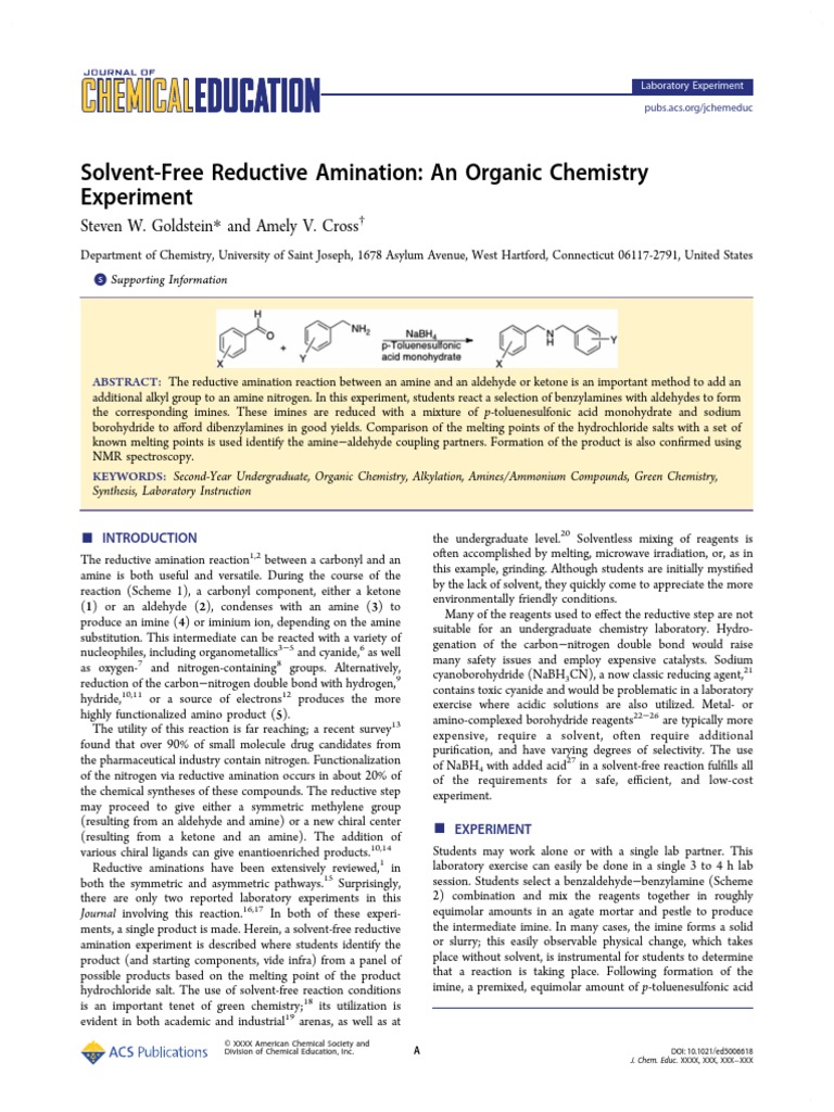 Solvent-Free Reductive Amination: An Organic Chemistry Experiment | PDF ...