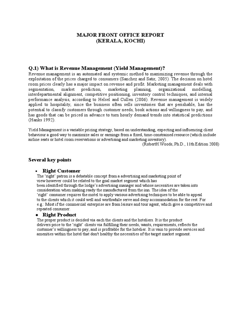 Major Front Office Report (Kerala, Kochi) : Right Product | PDF ...