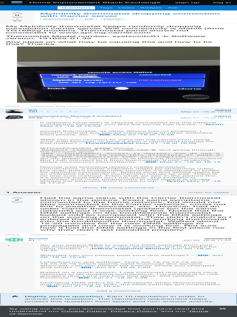 MyInfinity Thermostat Dropping Connection With Carrier Server - Home ...