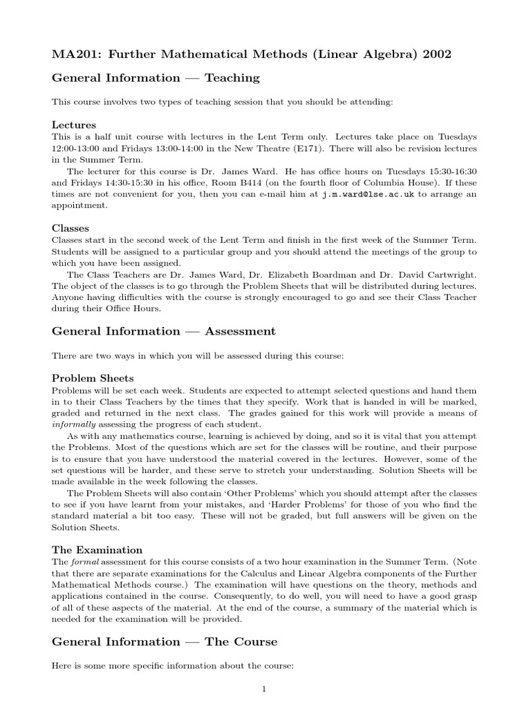 MA201: Further Mathematical Methods (Linear Algebra) 2002 General Information - Teaching | PDF ...