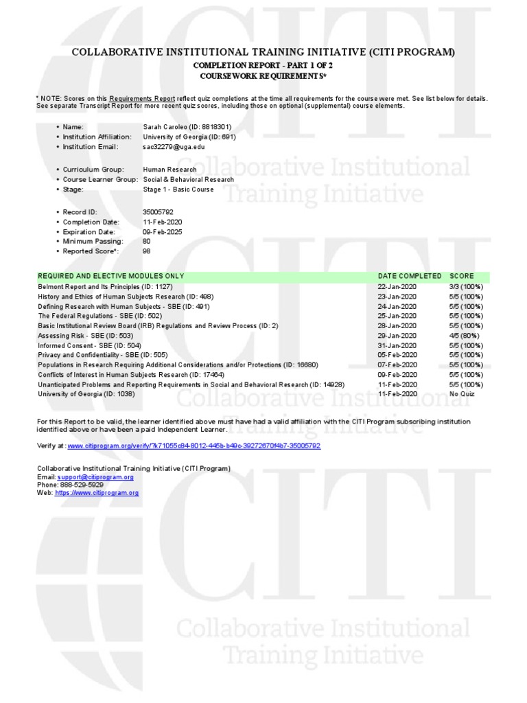 Citi Completion Report | PDF | Institutional Review Board | Professional Ethics
