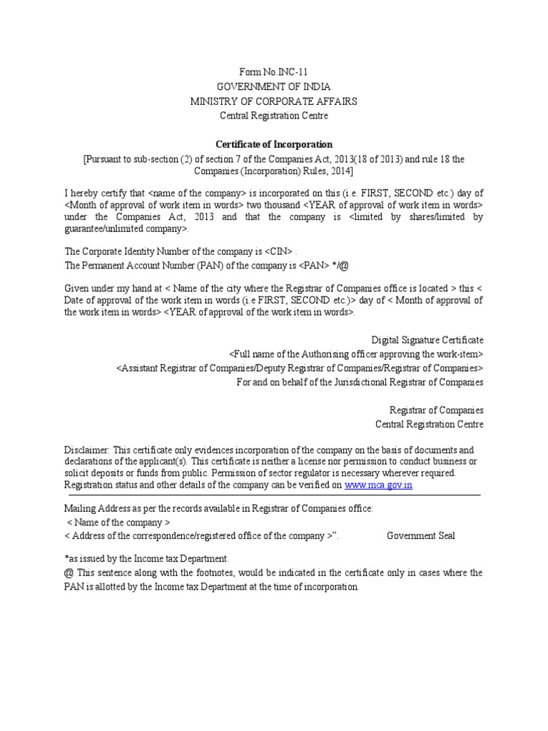 Certificate of Incorporation: WWW - Mca.gov - in | PDF | Government ...