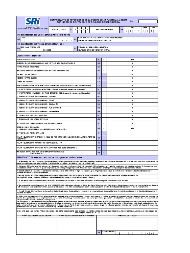 Copia de Formulario 107 | PDF | Impuesto sobre la renta | Impuestos