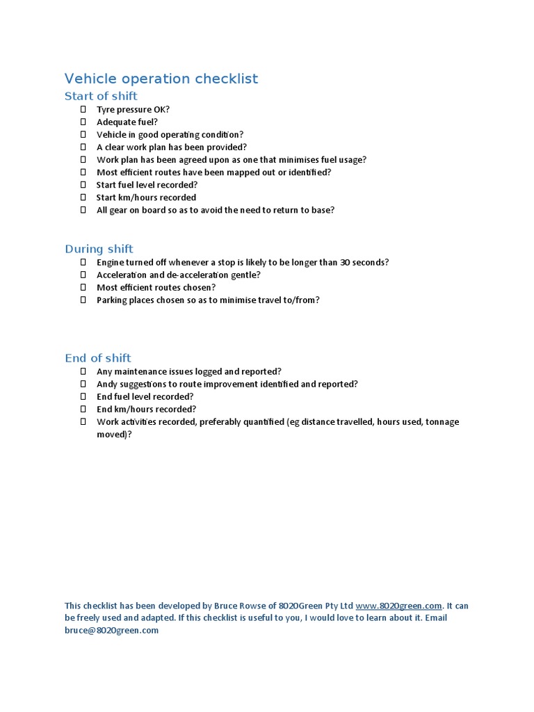 Vehicle Operation Checklist: Start of Shift | PDF