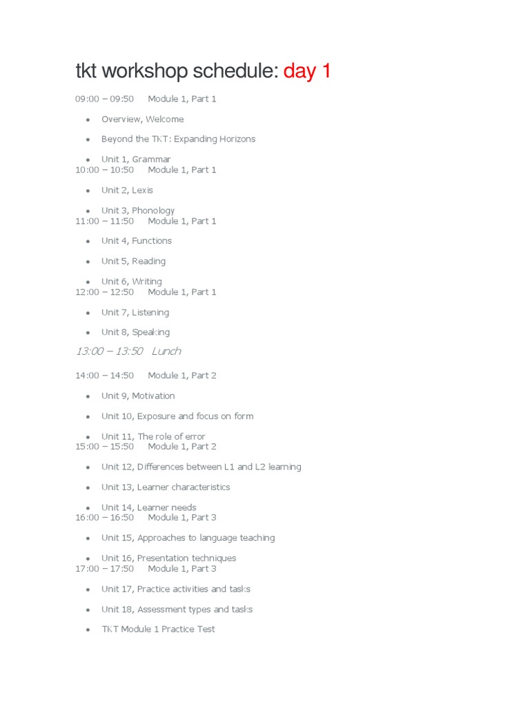 TKT Workshop Schedule Overview | PDF