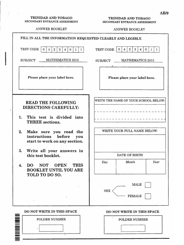 Secondary School Entrance Assessment (SEA) Practice Test: Mathematics ...