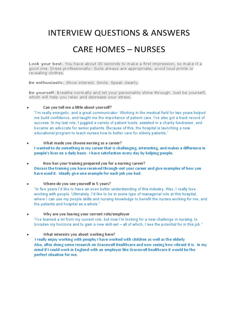 Interview Questions & Answers Care Homes - Nurses | PDF | Nursing | Patient