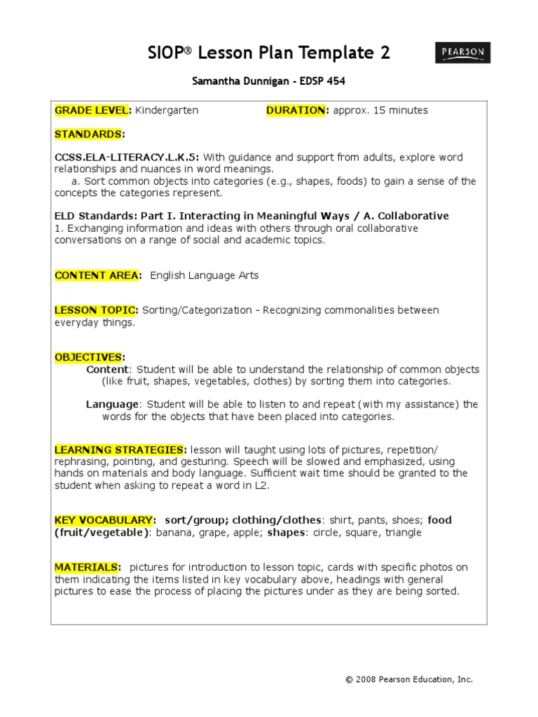 Edsp454 Siop Lesson Plan - Sorting and Grouping | PDF | Vocabulary ...