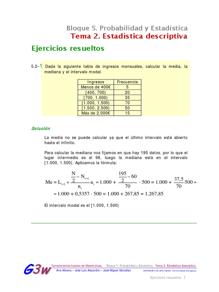 Ejercicios Resueltos. Bloque 5. Probabilidad y Estadística. Tema 2. Estadística Descriptiva ...