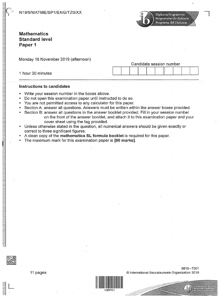 (N19) Mathematics - Paper - 1 - SL PDF | PDF