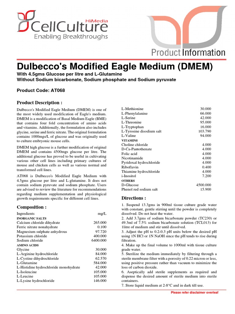 Dulbecco's Modified Eagle Medium (DMEM) | PDF | Sodium Hydroxide | Ph