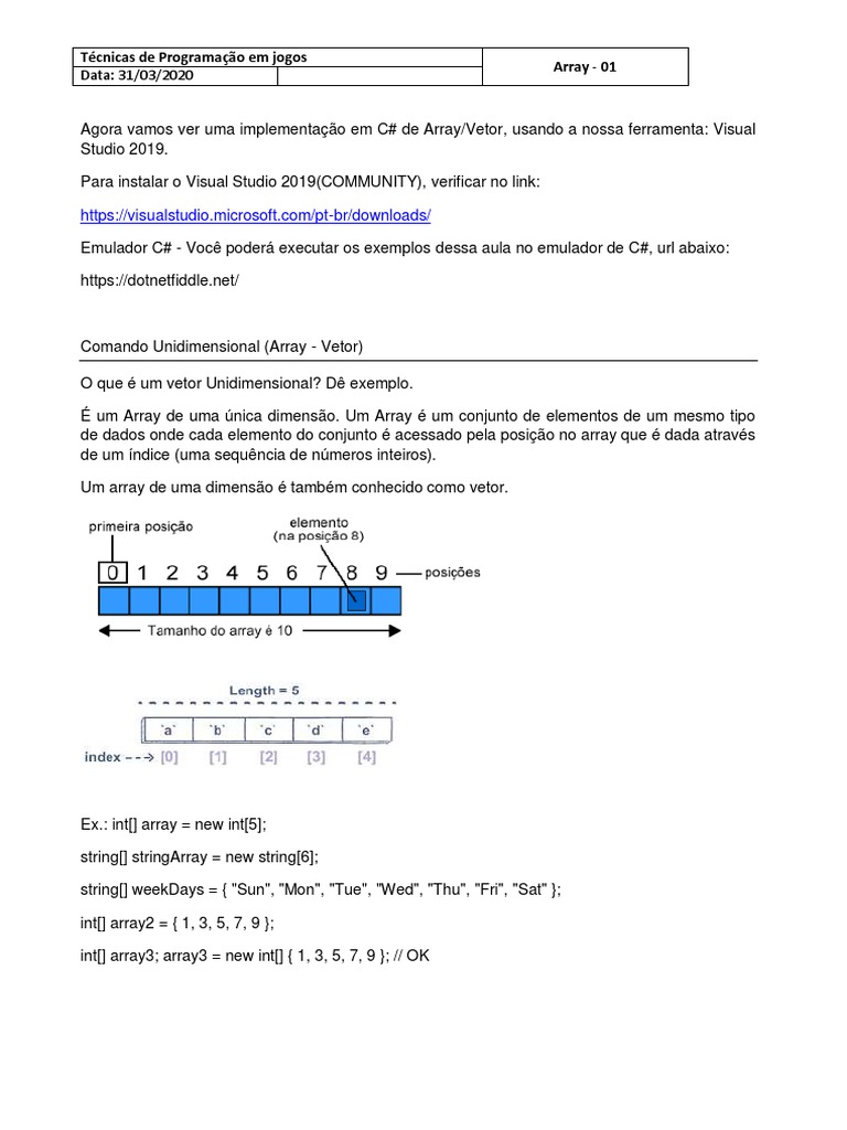 Array (Vetor) C# - Explicação e Exemplos | PDF