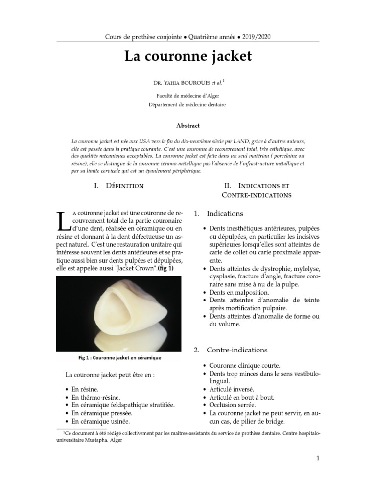 Couronne Jacket : Indications et Techniques | PDF | Dentiers | Dentisterie