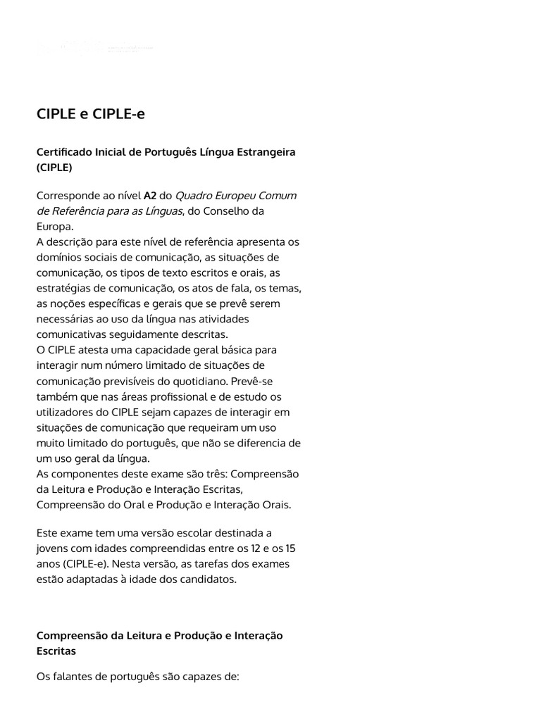 Descrição do Certificado Inicial de Português Língua Estrangeira (CIPLE ...