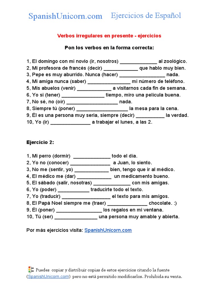 Verbos Irregulares en Presente Ejercicios 2 | PDF