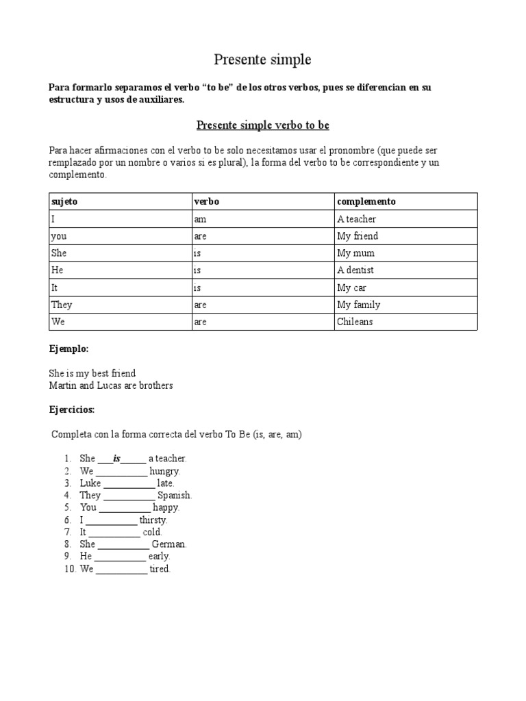 Presente Simple: Uso del Verbo To Be | PDF | Verbo | Asunto (gramática)