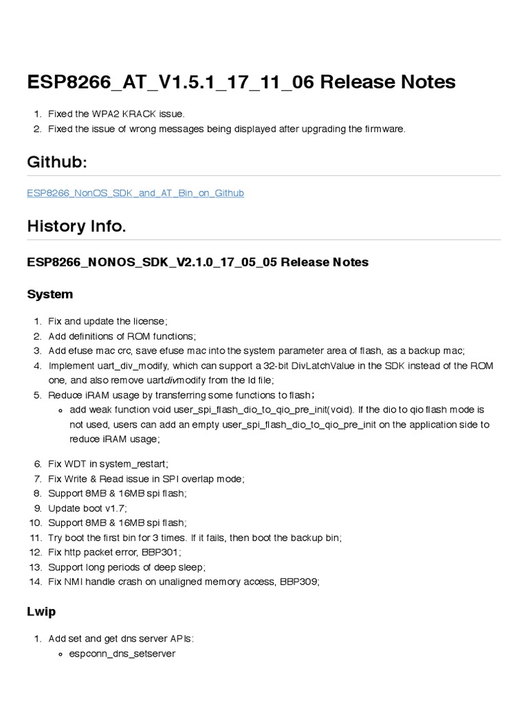 ESP8266 AT Release Note PDF | PDF | Booting | Application Programming Interface