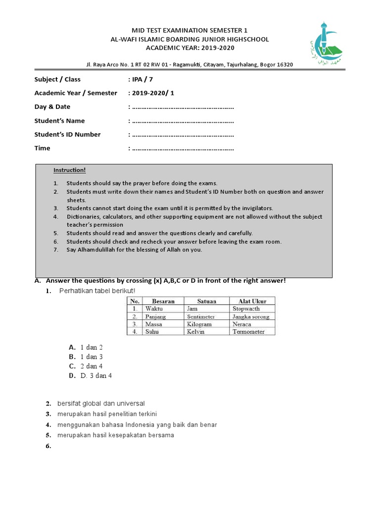 Contoh Format Soal PTS SMP | PDF