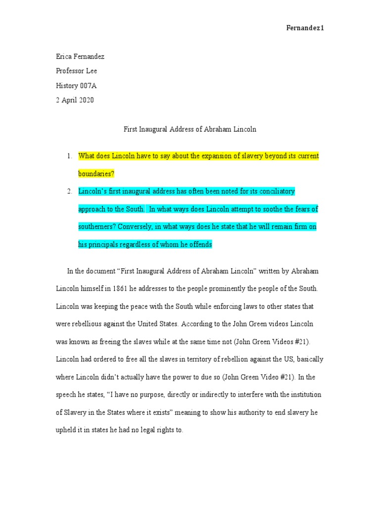 First Inaugural Address of Abraham Lincoln | PDF | Abraham Lincoln ...